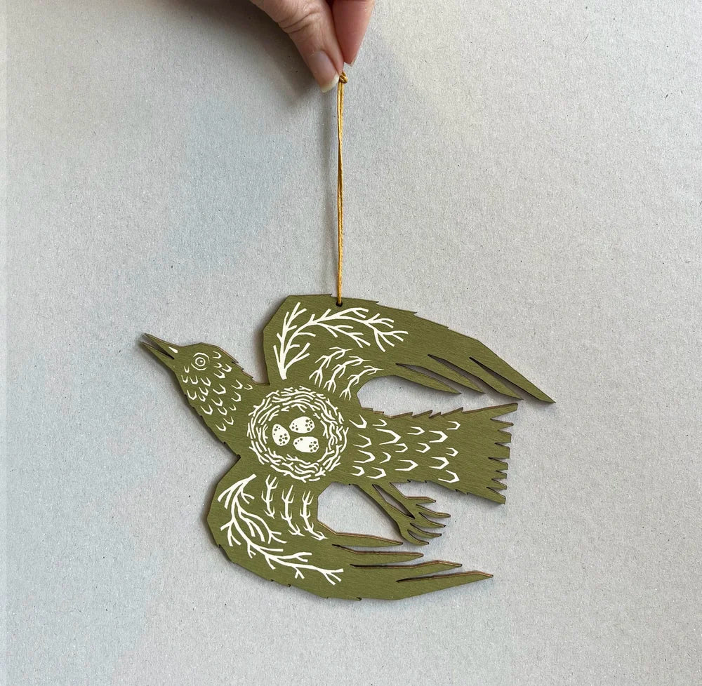 Screen Printed Wooden Decoration - Olive Green Woodland Bird – Zinnia ...