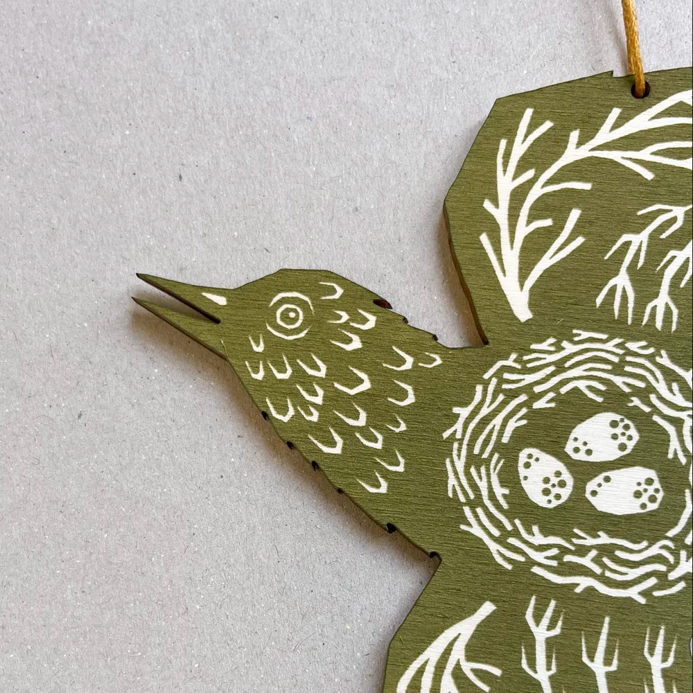 Screen Printed Wooden Decoration - Olive Green Woodland Bird – Zinnia ...
